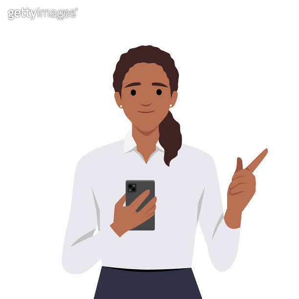 Smiling young woman hold cellphone point at screen. Happy girl with ...