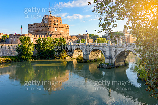 Castle of Holy Angel (Castel Sant'Angelo) and St. Angel bridge (Ponte Sant'Angelo) over Tiber ...