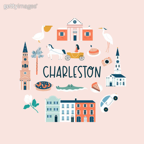 Charleston hand drawn poster, decoration with famous symbols and ...