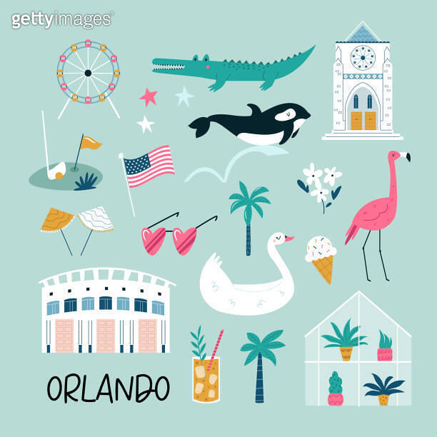 Colorful composition, circle design with famous symbols, buildings of ...