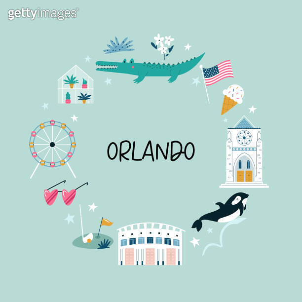 Colorful composition, circle design with famous symbols, buildings of ...