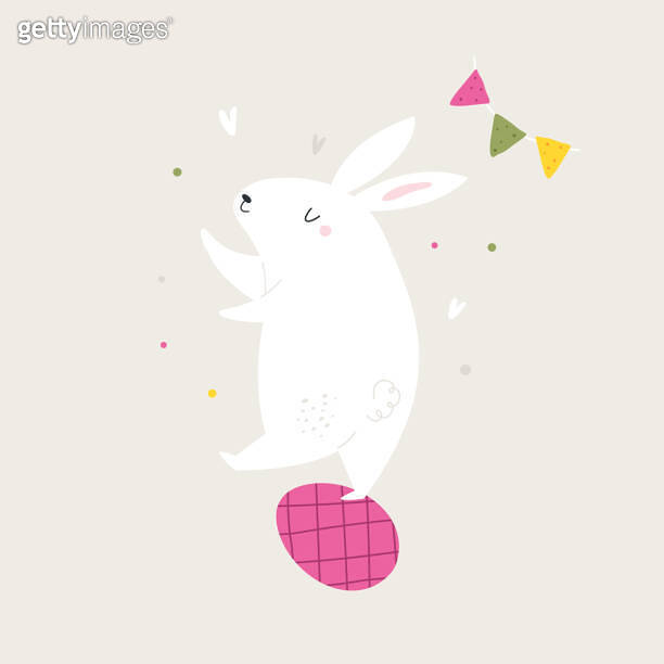 Easter greeting card with funny rabbit, bunny dancing at painted ...