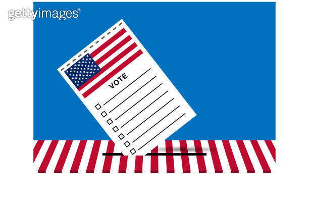 An American voting ballot being inserted into a ballot box on blue ...