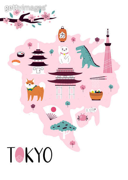 Vector stylized illustrated city map of Tokyo with famous landmarks ...