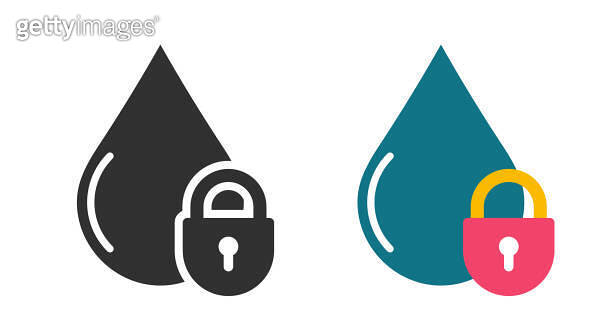 Water drop lock security icon vector graphic set, aqua access safety padlock pictogram ...
