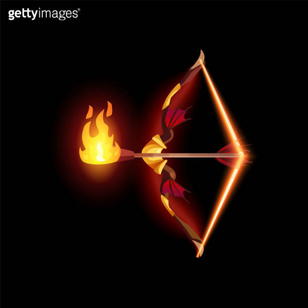 Bow releasing an arrow with fire, flat cartoon vector illustration ...