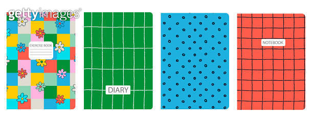 Set of cover page templates based on grid seamless patterns, spiral ...