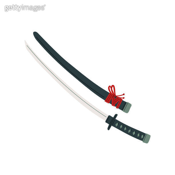 Japanese national ancient katana sword with red rope, vector samurai ...
