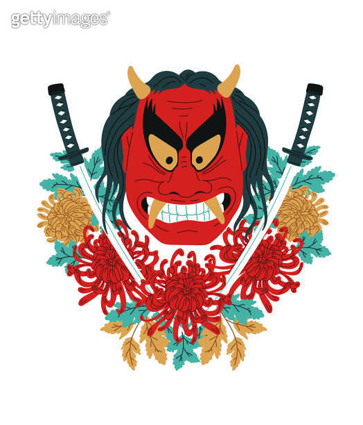 Japanese Kabuki theater mask and katana sword decorated flowers, Asian ...