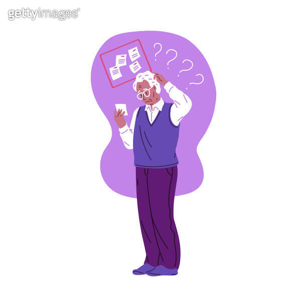 Elderly confused man reads notes and trying remember, memory loss ...