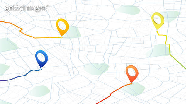 Isometric map with pins location on streets, marked with different ...