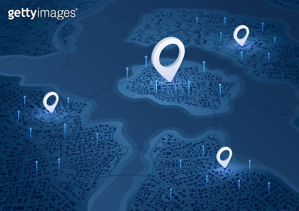 Isometric generic city map with signs. Point of intended goal, many ...