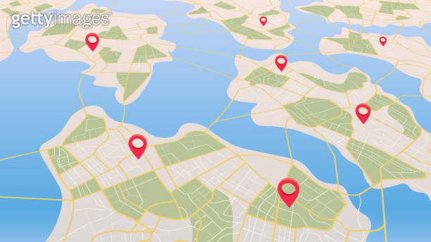 Perspective 3d city map with pin pointers. Abstarct gps navigation ...