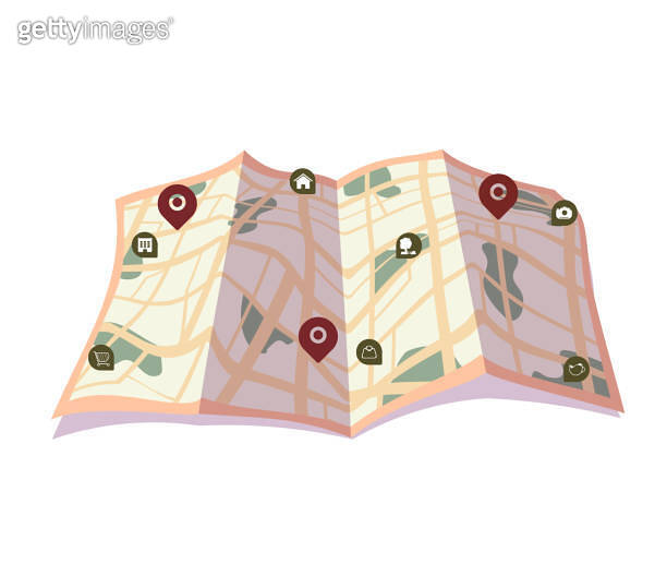 Paper folded map filled with various icons and symbols. Map include ...