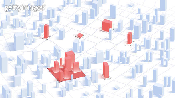 Red highlighted commercial buildings. Residential house reconstruction ...