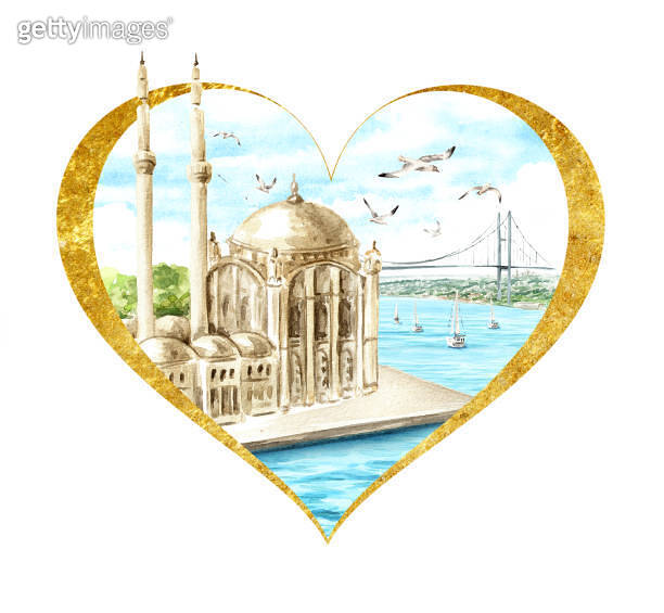 Ortakoy Mosque and Bosphorus bridge, Istanbul, Turkey. Hand drawn ...