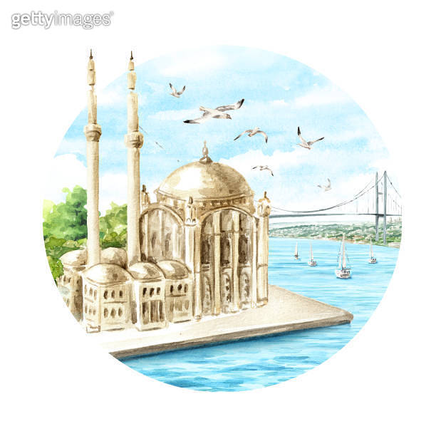 Ortakoy Mosque and Bosphorus bridge, Istanbul, Turkey. Hand drawn ...