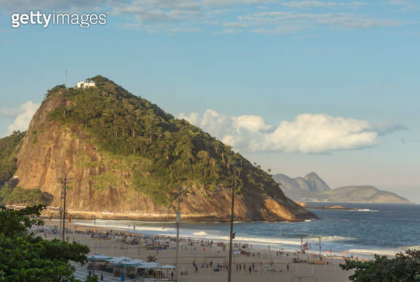 Rio de Janeiro, Brazil. Leme beach and Ponta do Leme mountain with ...