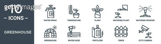 greenhouse outline icon set includes thin line water spray, temperature ...