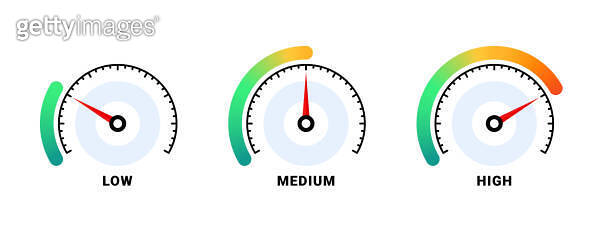 Speedometer with three gauges indicating low, medium, and high levels ...