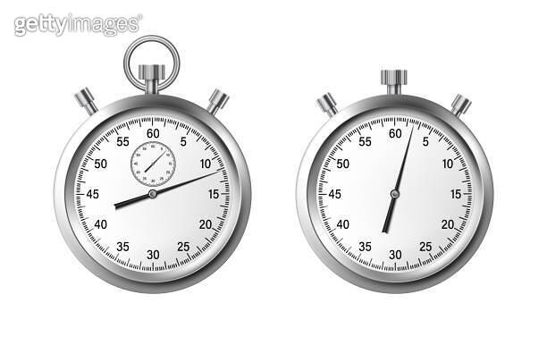 Stopwatch with buttons, isolated realistic set of classic design timer with face and hands ...