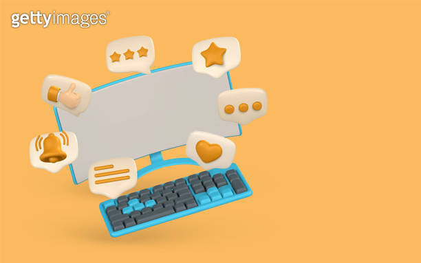 3d realistic pc monitor, keyboard and speech bubble with social icons ...