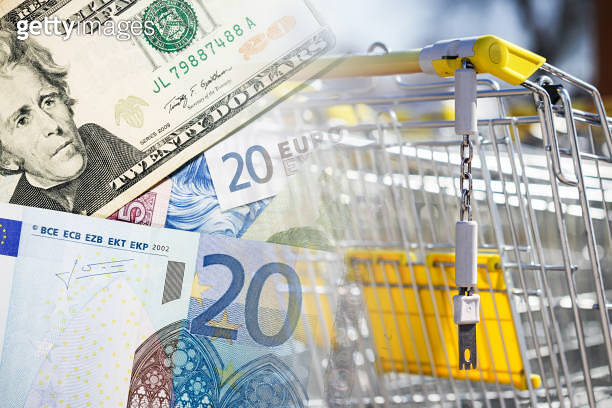 Market prices. Shopping cart money. Metal shopping basket. Cost of ...