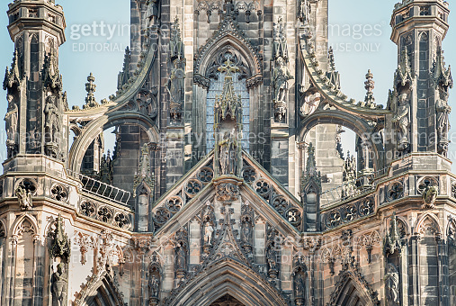 The architectural details of The Scott Monument and spire is a ...