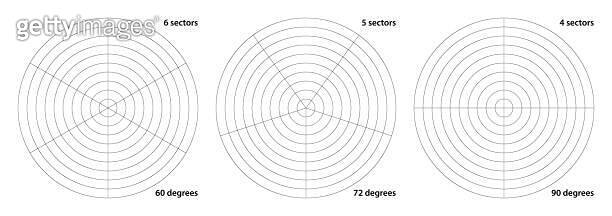 Polar grid divided into radial degree 4, 5 and 6 sectors and concentric ...