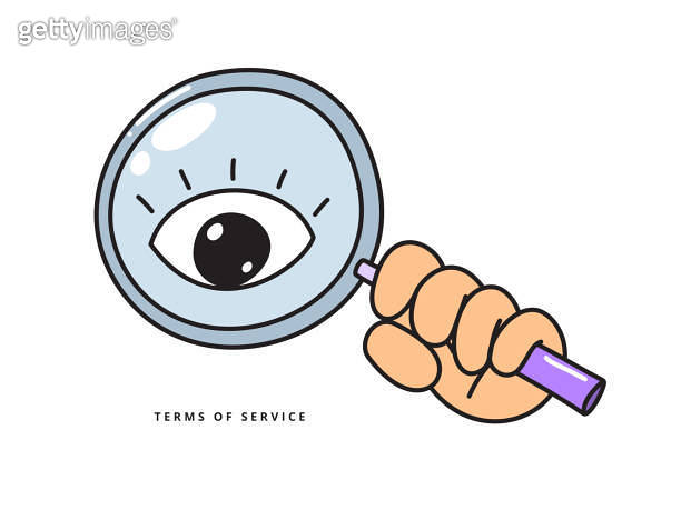 a big eye inside the magnifier with small text terms and conditions ...