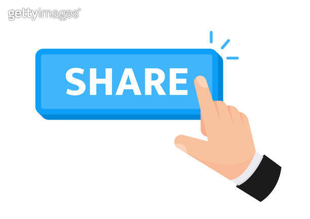 Hand tapping a Share button. Web button. Finger Pressing. Content on ...