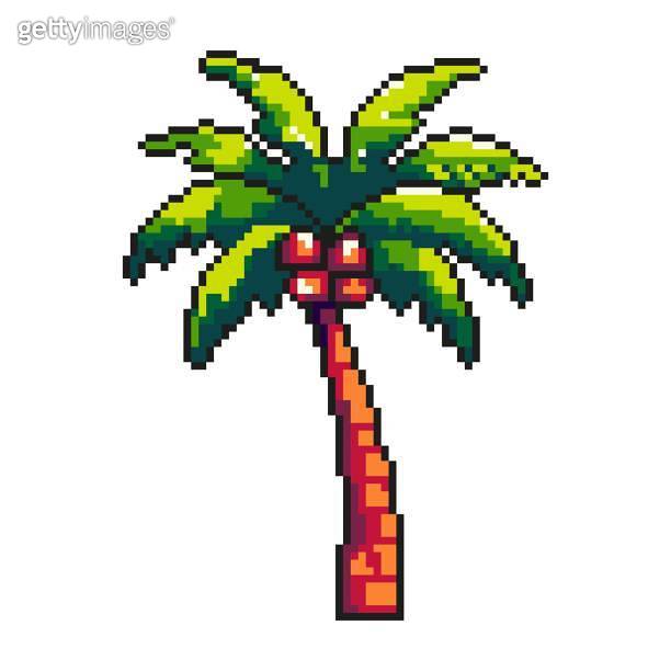Palm tree summer vacation icons in retro pixel art style. Inspired by ...