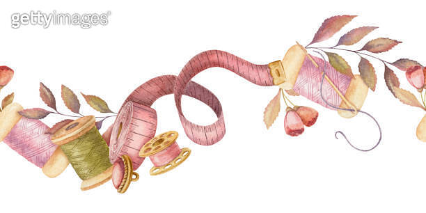 Sewing kit seamless border watercolor painting with spool of thread and ...