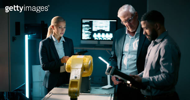 Programming, teamwork and business people with automation robotics for ...