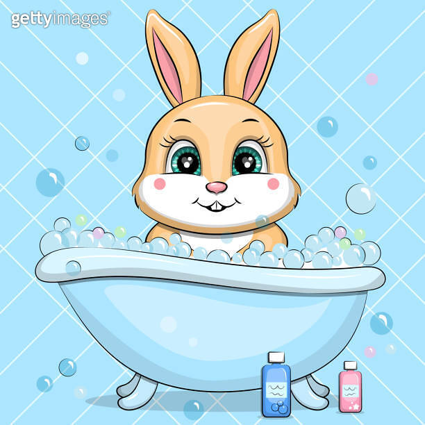 A cute cartoon baby rabbit is taking a bath. 이미지 (2162625587) - 게티이미지뱅크