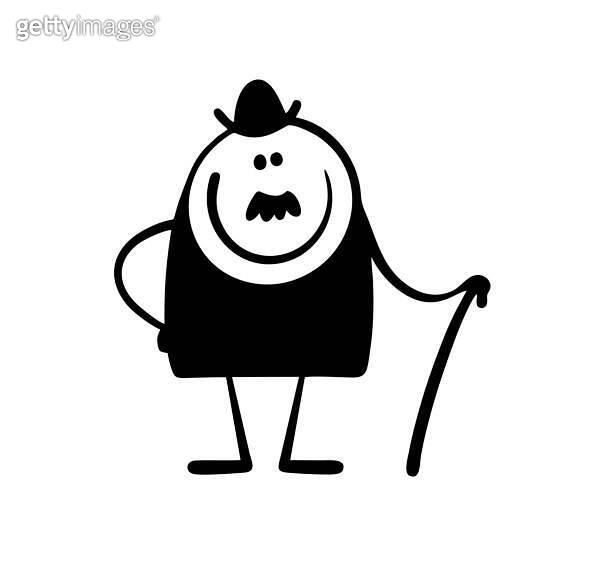 Cartoon funny character in black tailcoat with bowler hat and a cane ...