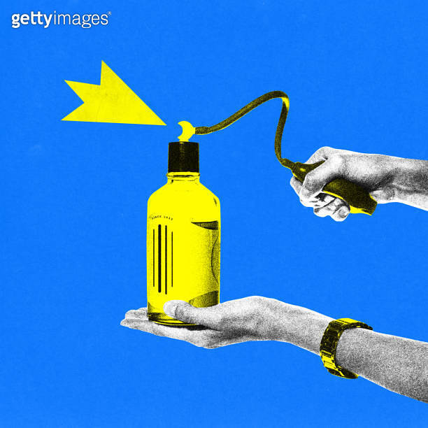 Poster. Contemporary art collage. Hand presses bottle of perfume in ...