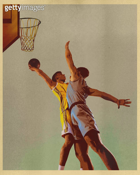 Poster. Contemporary art collage. Competitive basketball player make ...