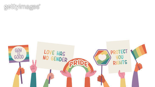 Banner, poster for Pride month. Hands holding signs and posters with ...