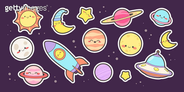 Set of kawaii space stickers in cartoon style. Vector illustration ...
