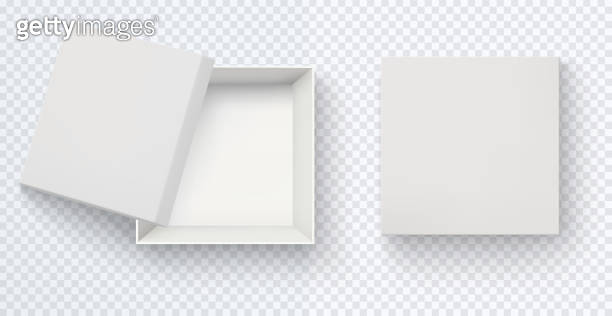 Top view of white empty square box. Realistic mockup of closed and half ...