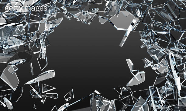 3d broken glass sharps frame, explosion effect with hole on black ...