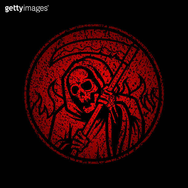 Death, Grim Reaper with scythe in fire - cut out red grunge round icon ...