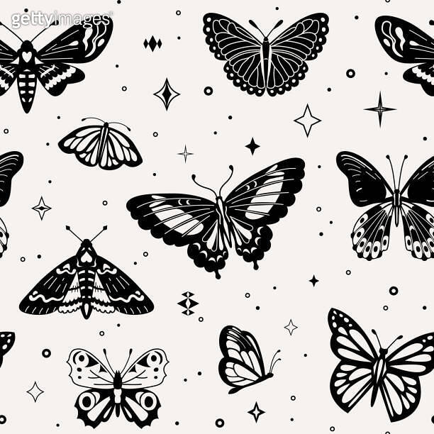 Butterfly seamless pattern vector illustration. Black and white ...