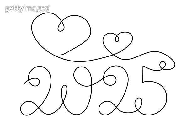 2025 with heart one line art, hand drawn continuous contour.Holiday ...