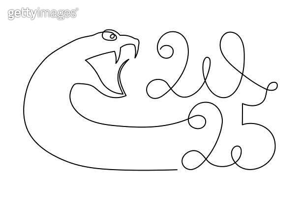 2025 year of snake one line art, hand drawn continuous contour.Holiday ...