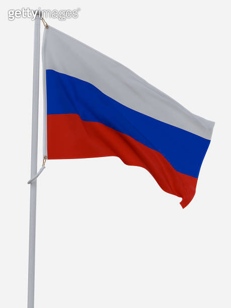 National waving flag of Russia on steel poles isolated. Symbolizing ...