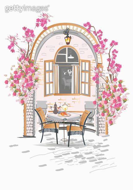 Series of backgrounds decorated with flowers, old town views and street ...