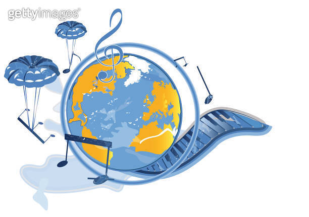 Abstract musical design with a treble clef and Planet Earth, colorful ...