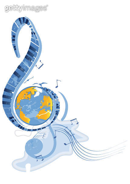 Abstract musical design with a treble clef and Planet Earth, colorful ...